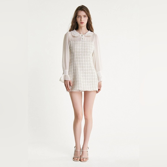 J.ING | Dresses | Jing White Mesh Yoke Tweed Mini Dress | Poshmark